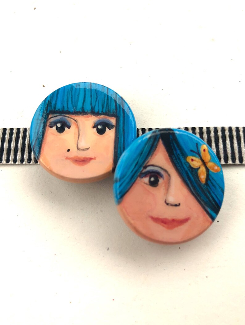 BLUE HAIRED GIRLS hand painted magnet blue hair mod girls | Etsy