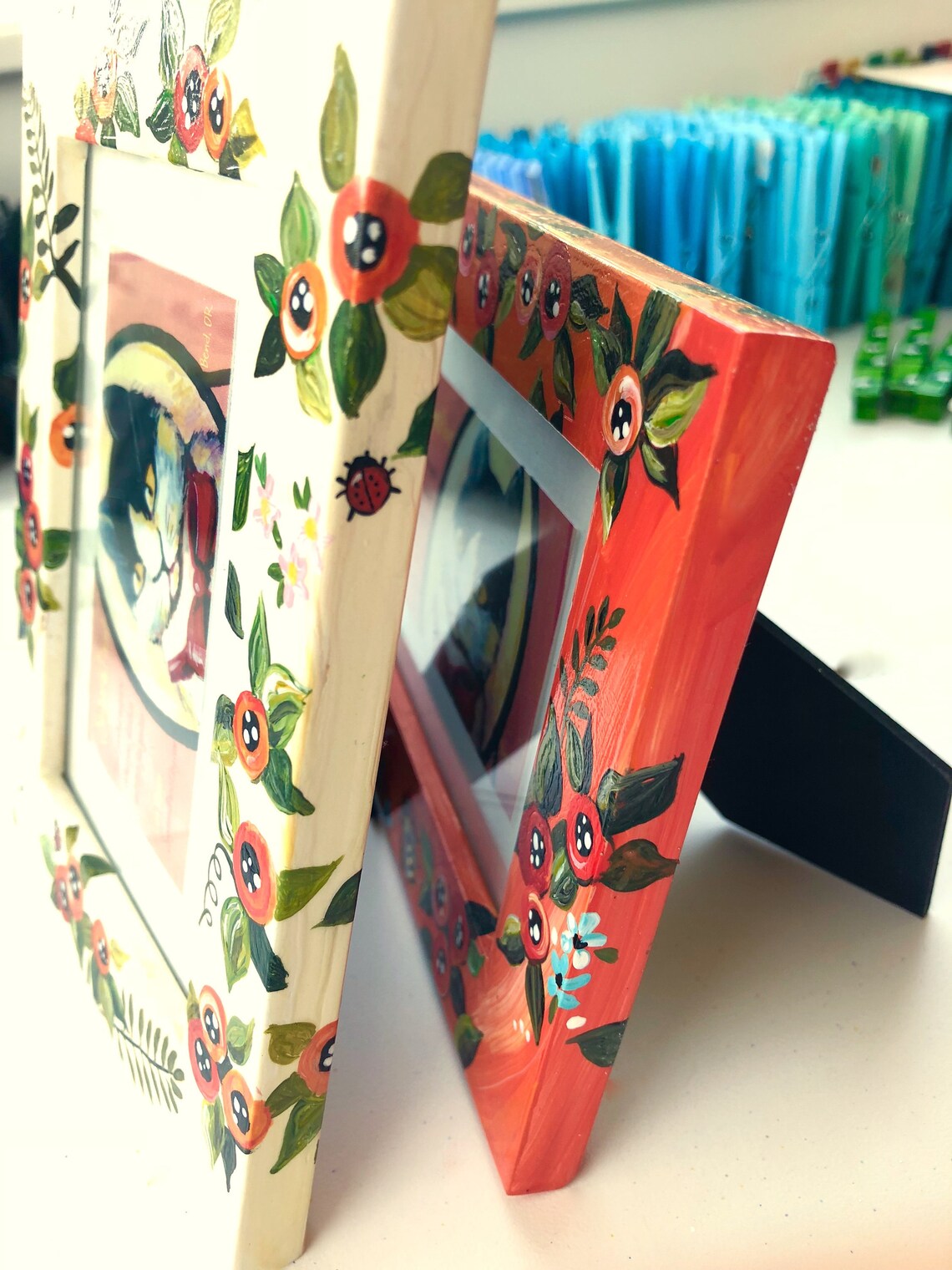 FLOWER PICTURE FRAME 3 1/2x5 Hand Painted White Orange Pink | Etsy