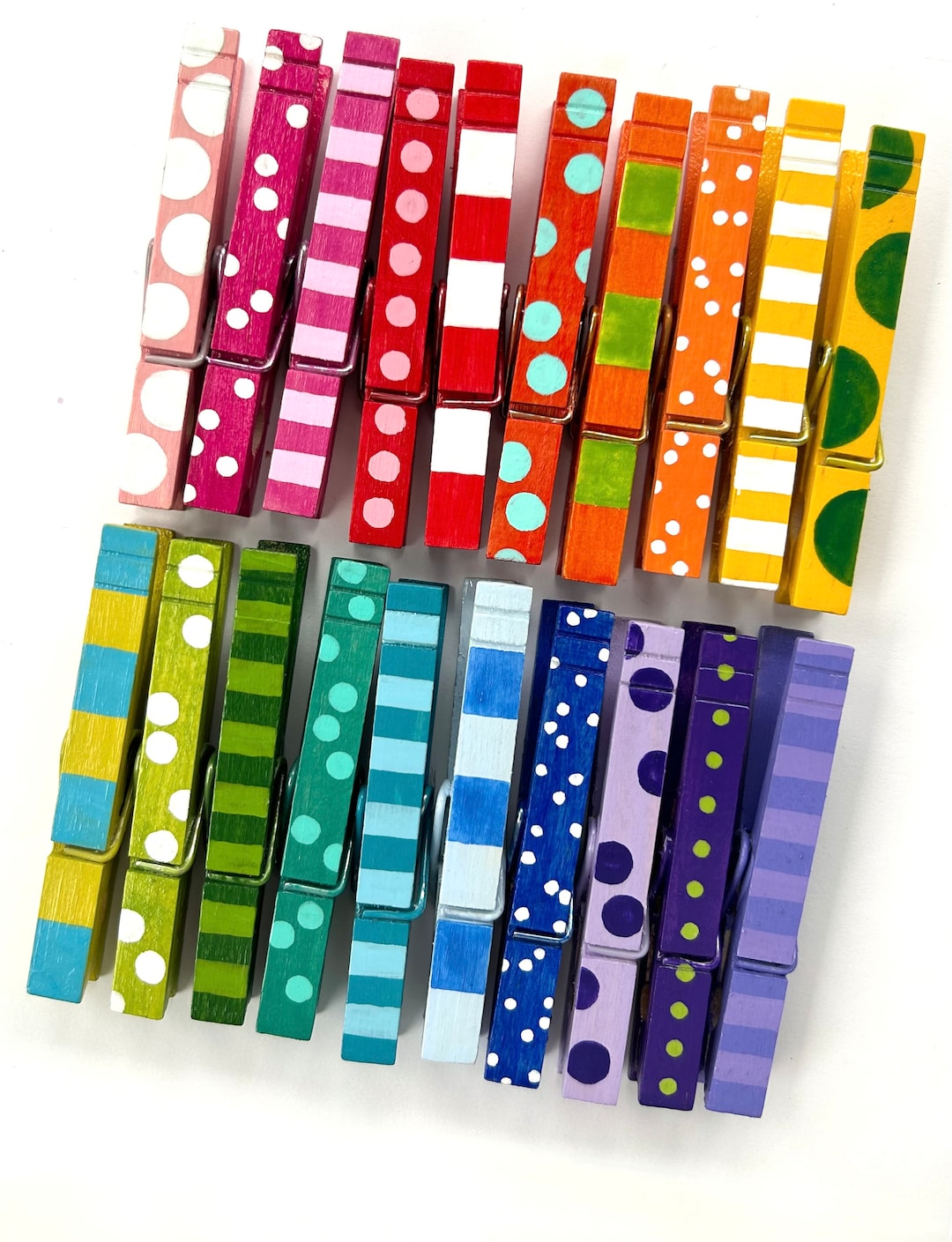 Hand Painted Wooden Clothespins: Colorful Polka Dot & Striped Clips - Etsy