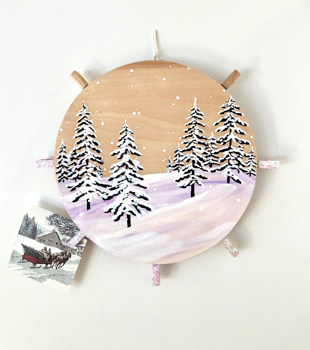 Christmas Card Holder Painted Holiday Card Wreath Winter Snow Scene Mid ...
