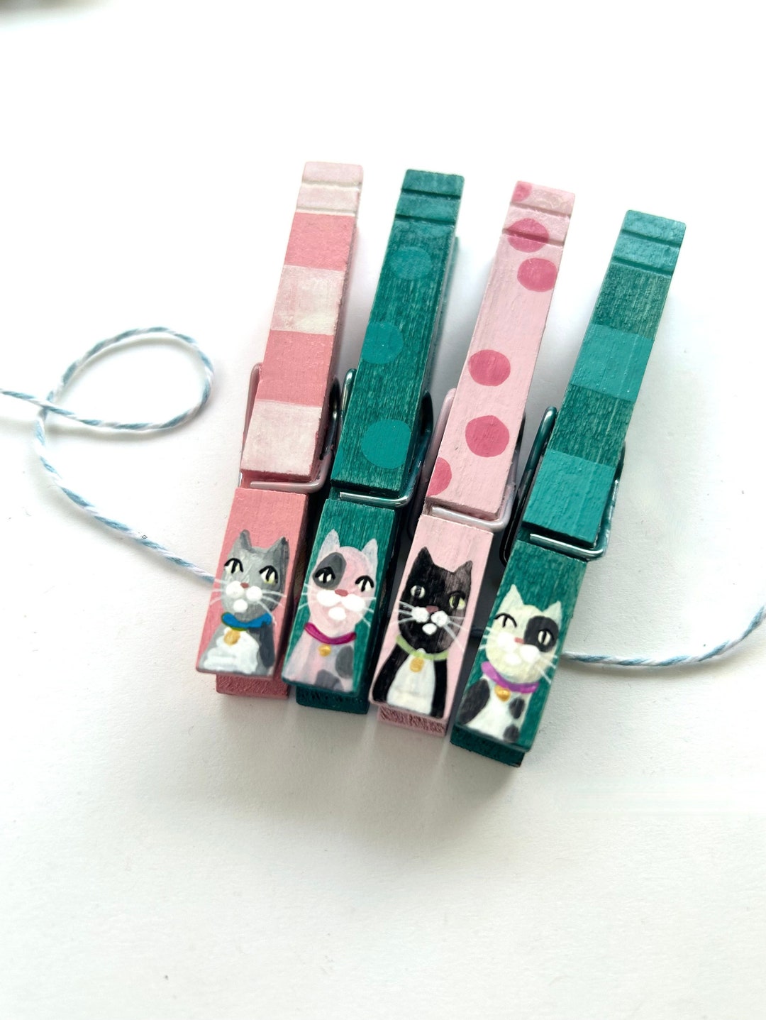 CAT CLOTHESPINS Hand Painted Clothespin Magnet Grey Cat Chip Clip Black ...