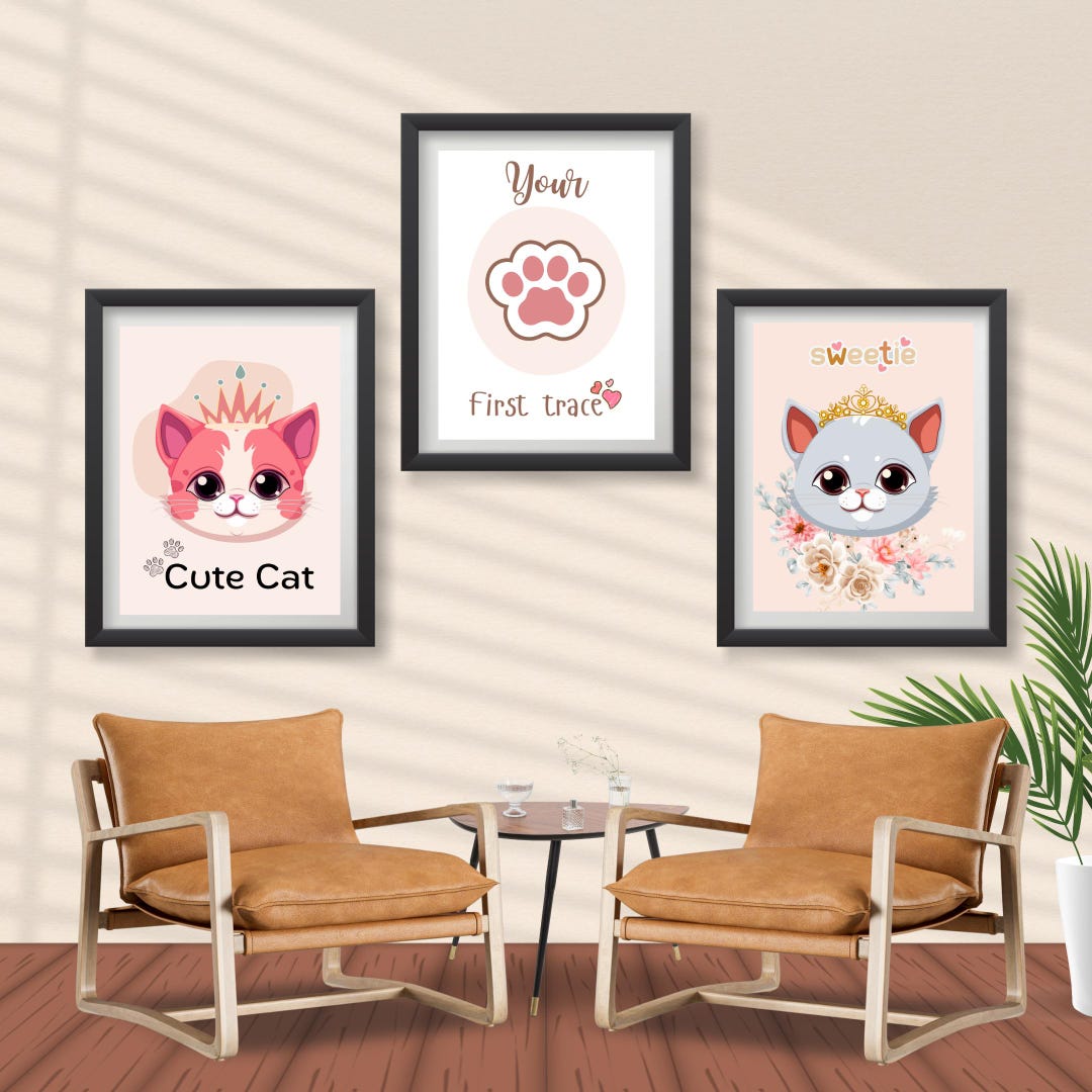 Cute Cat Nursery Wall Art Bundle | Set of 3 Printable Kitten Posters ...