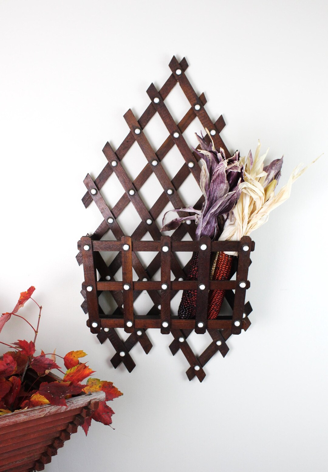 Large Tramp Art Wooden Lattice Wall Pocket - 30.5" - Milk Glass Buttons ...