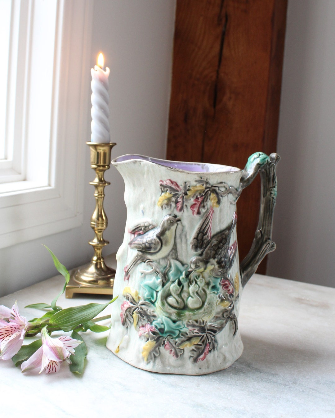 C. 1875 English Majolica Pitcher Birds and Nest Stylized Tree European ...