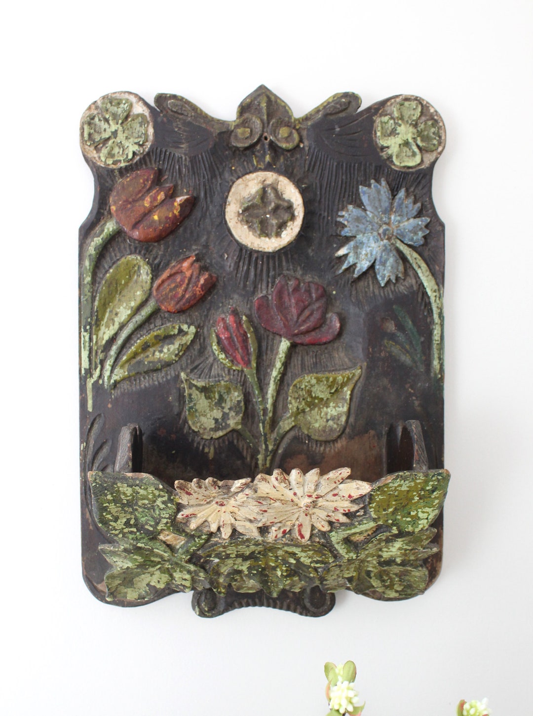 Antique Canadian Carved and Painted Wallbox Floral Design St. Ursule ...