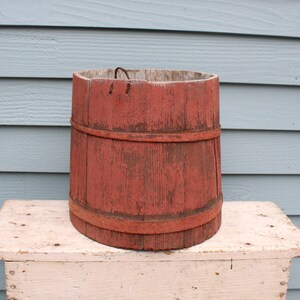 Antique Red Painted Wooden Farm Bucket - Sap Bucket - Steel Bands - Old ...