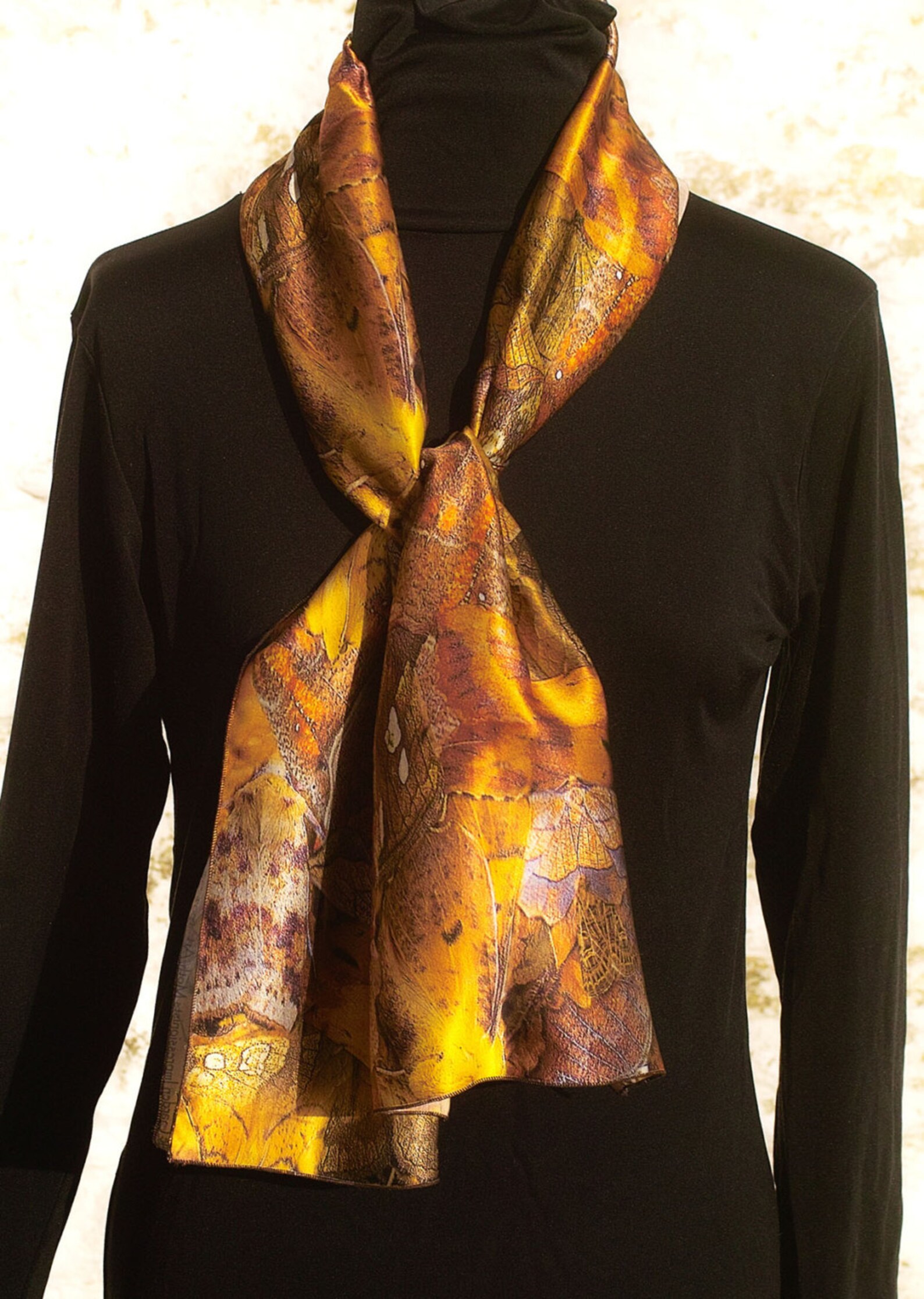 Autumn Moth Collage Silk Crepe Satin Scarf in Wonderful Autumnal Golds ...