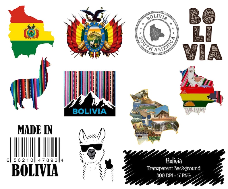 Bolivia Clipart PNG Bundle: Flag Map, Alpaca, Llama (digital Download ...