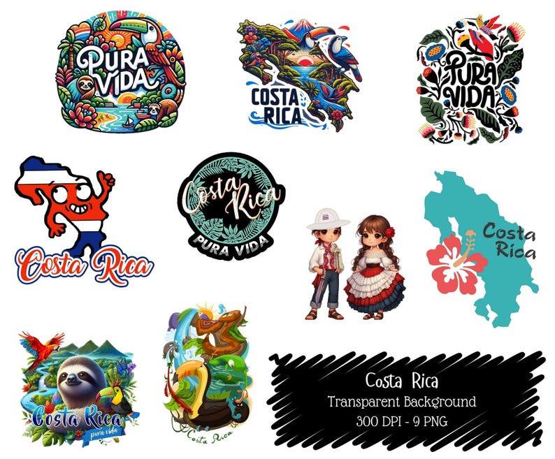Costa Rica Clipart Bundle: Pura Vida, Map & Wildlife (300 DPI PNG ...