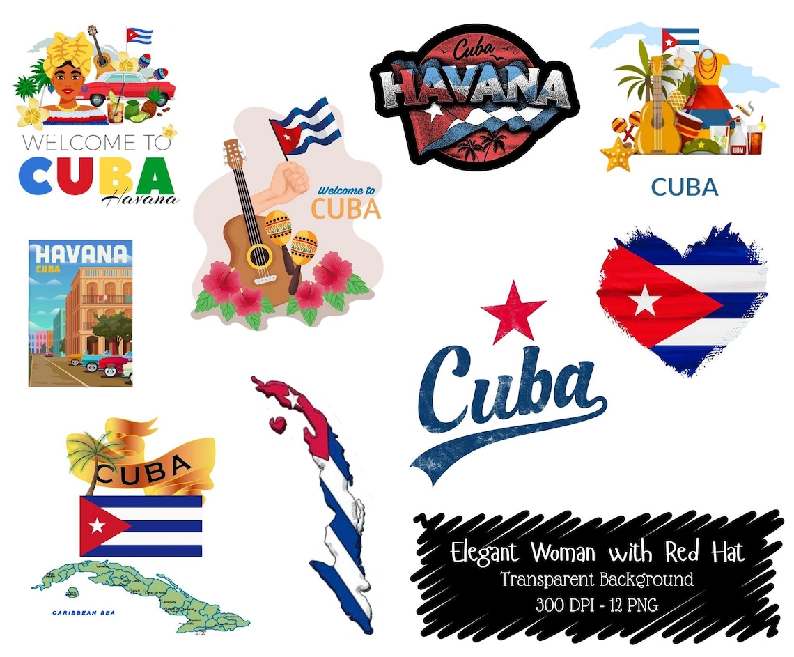 Cuba Clipart PNG Bundle: Havana Travel Stickers, Cuban Culture Icons ...