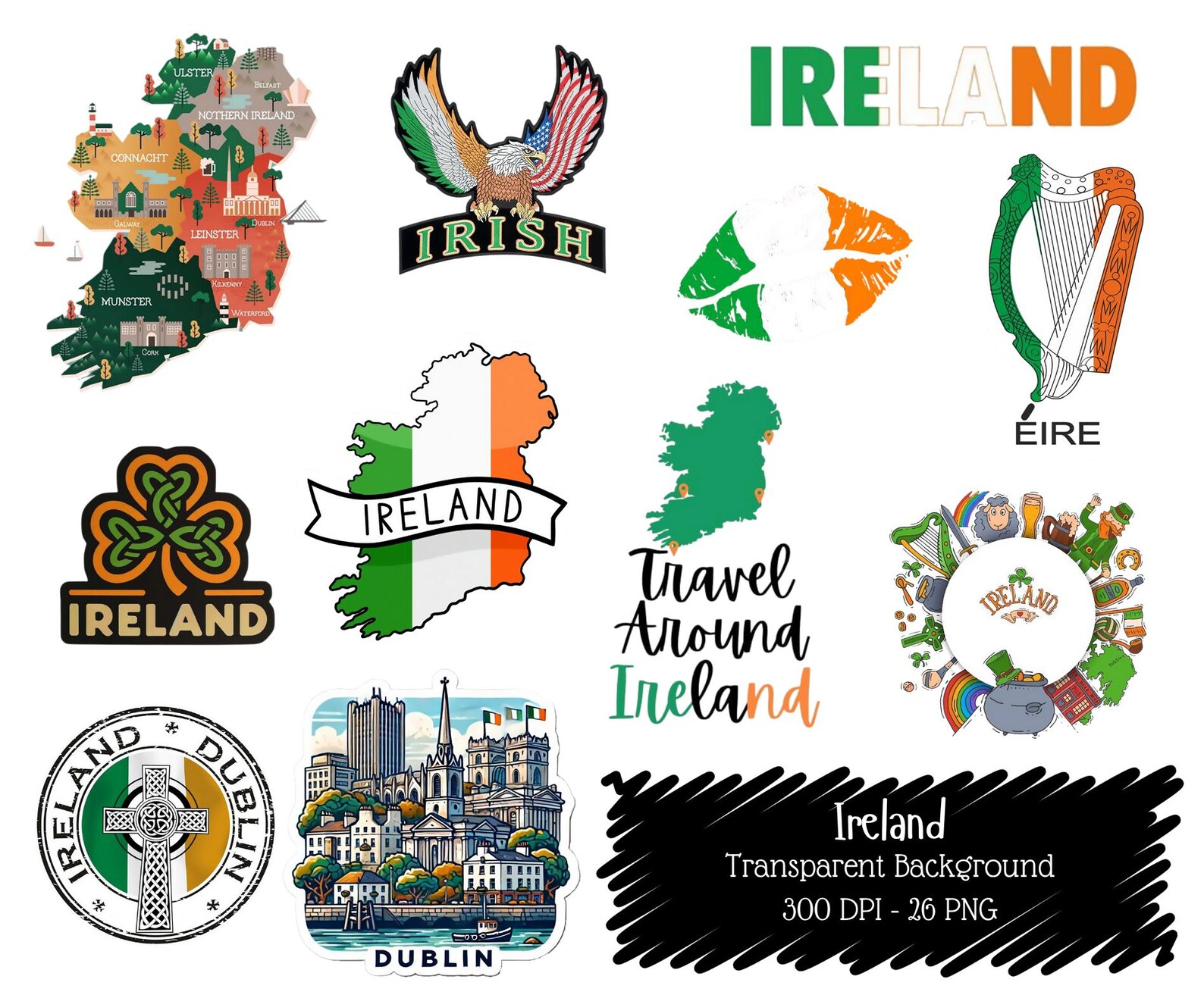 Ireland Travel Clipart: Dublin Map, Shamrock & Celtic Symbols (PNG ...