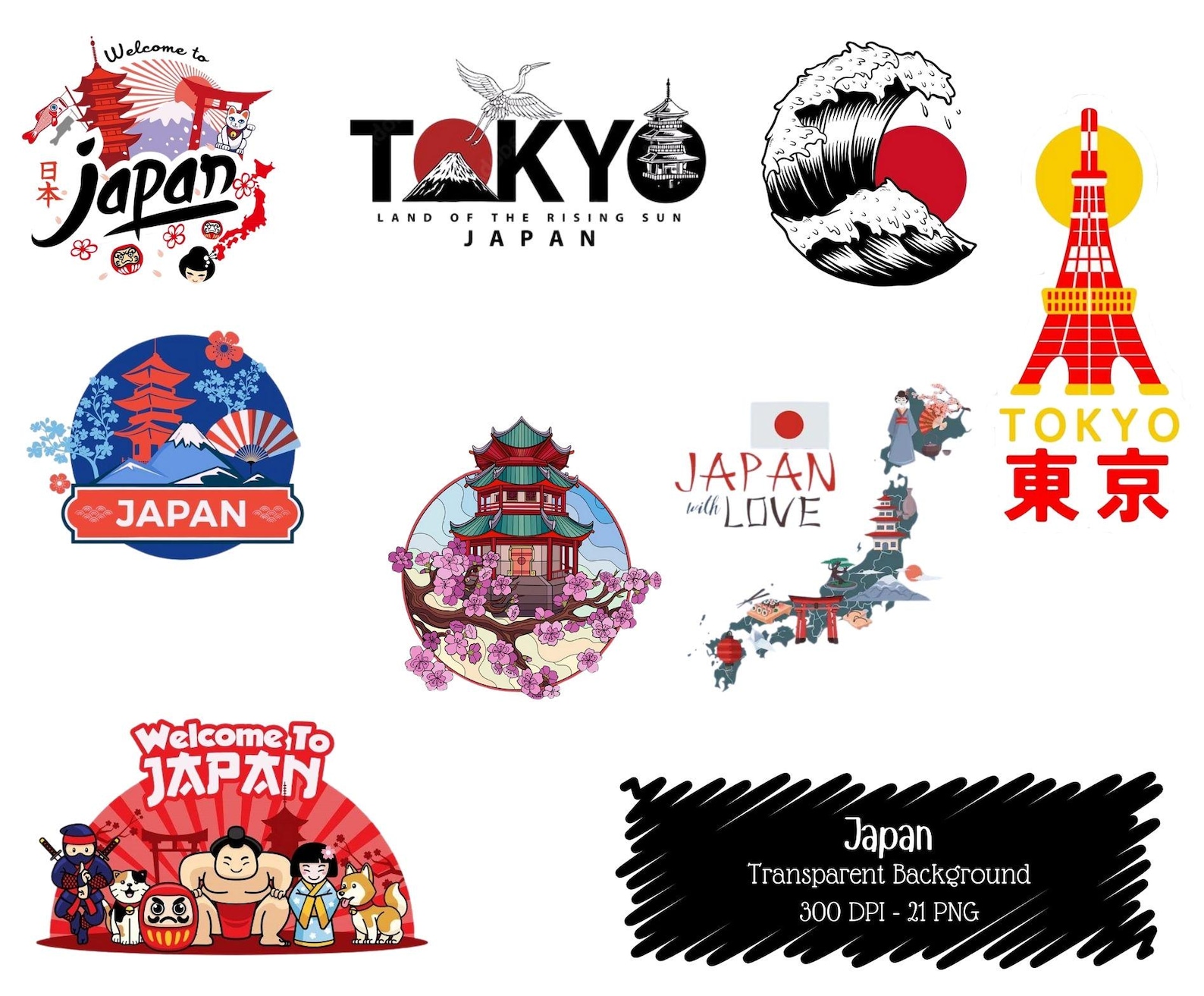 Japan Clipart PNG Bundle: Tokyo Temples & Map Graphics (digital ...