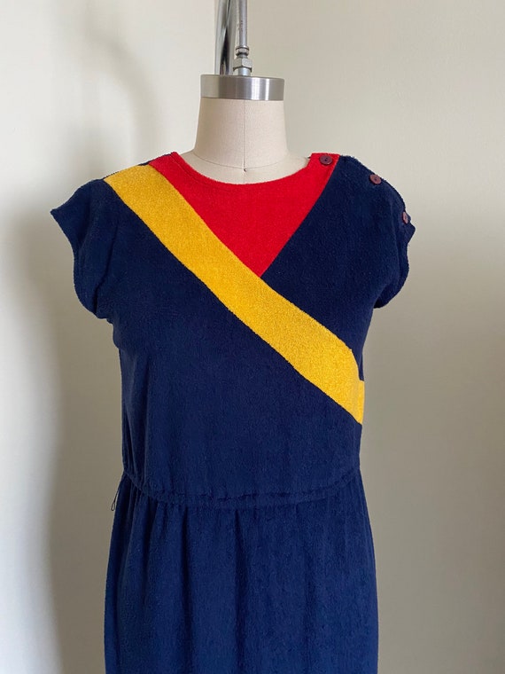 Vintage 80's Terry Cloth Dress, Color Blocked, Midi D… - Gem