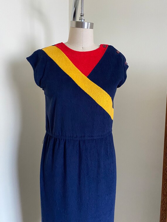 Vintage 80's Terry Cloth Dress, Color Blocked, Midi D… - Gem