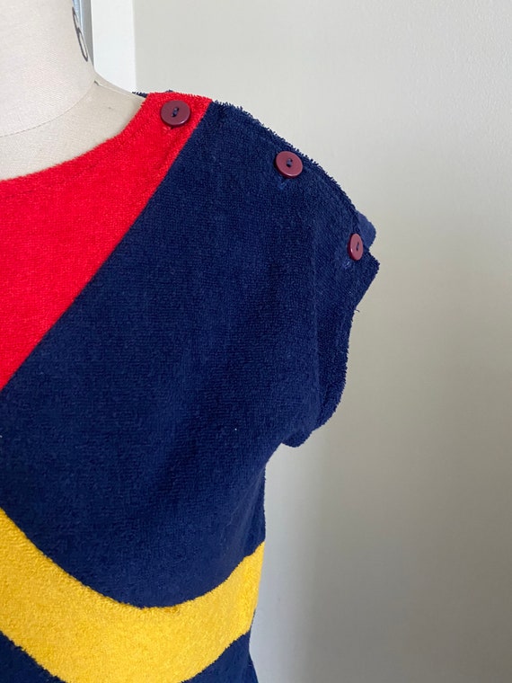 Vintage 80's Terry Cloth Dress, Color Blocked, Midi D… - Gem