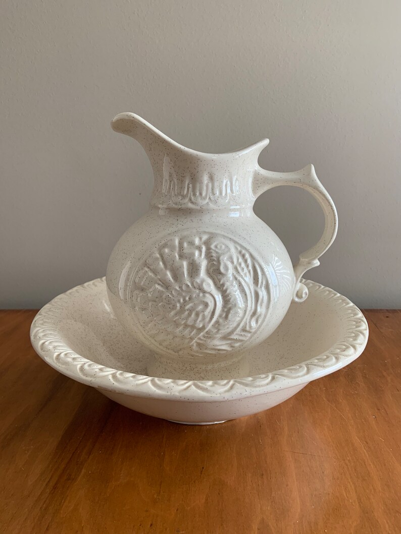 Mccoy Pitcher and Basin Speckled Cream With Thanksgiving Turkey 1516 - Etsy