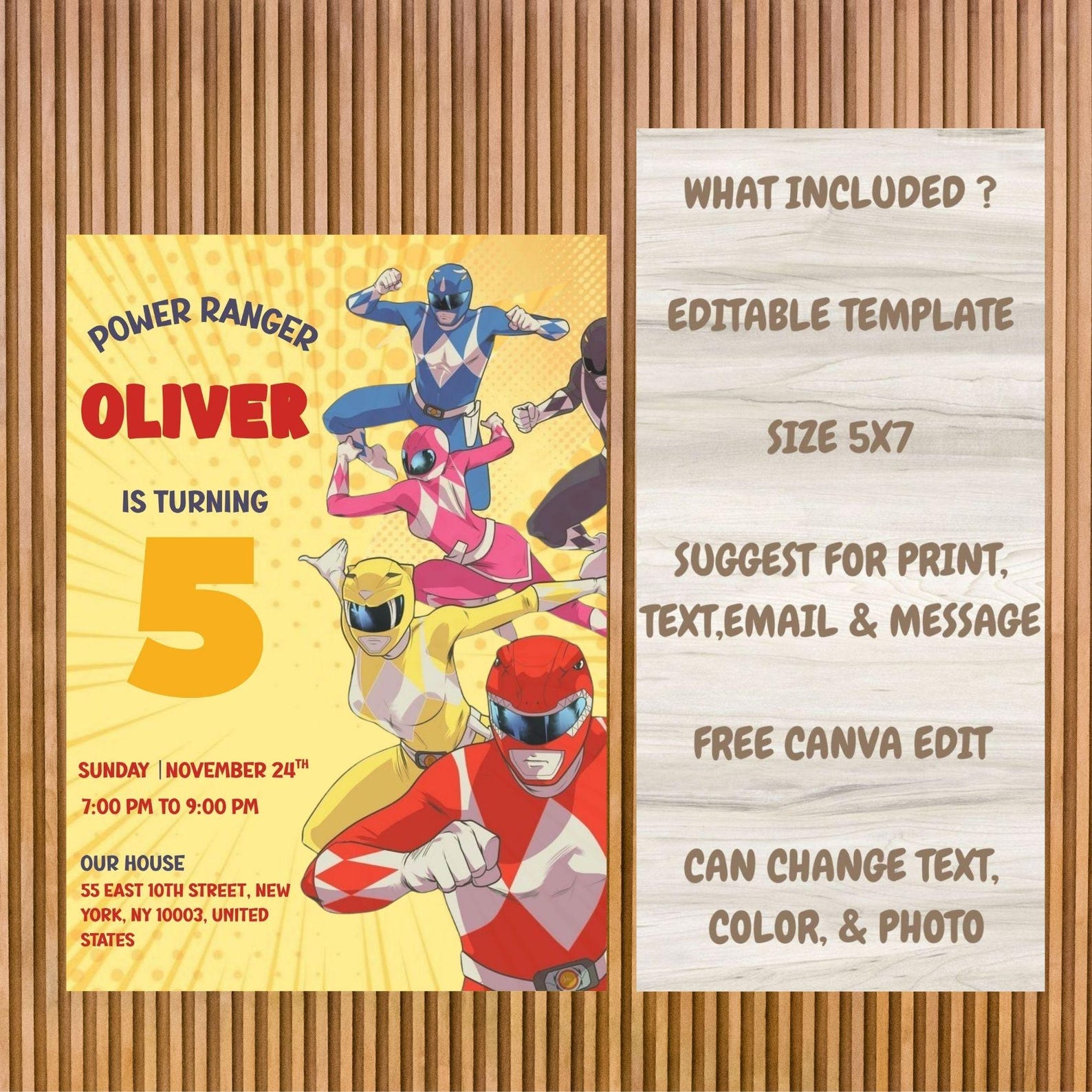 Editable Power Rangers Birthday Party Invitation Template (5x7) Digital ...