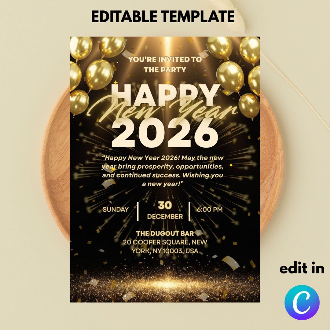 Editable New Year 2026 Invitation Template ( 5x7 ) Digital Downloadable ...