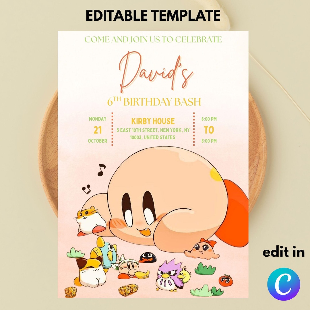 Editable Kirby Birthday Party Invitation Template for Kids Birthday ...