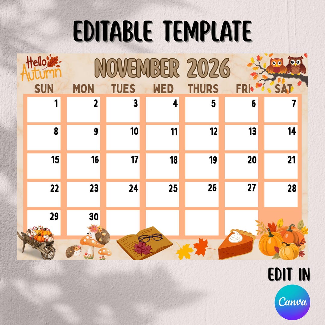 Editable November Calendar for Kids Activity ( Instant Downloadable ...