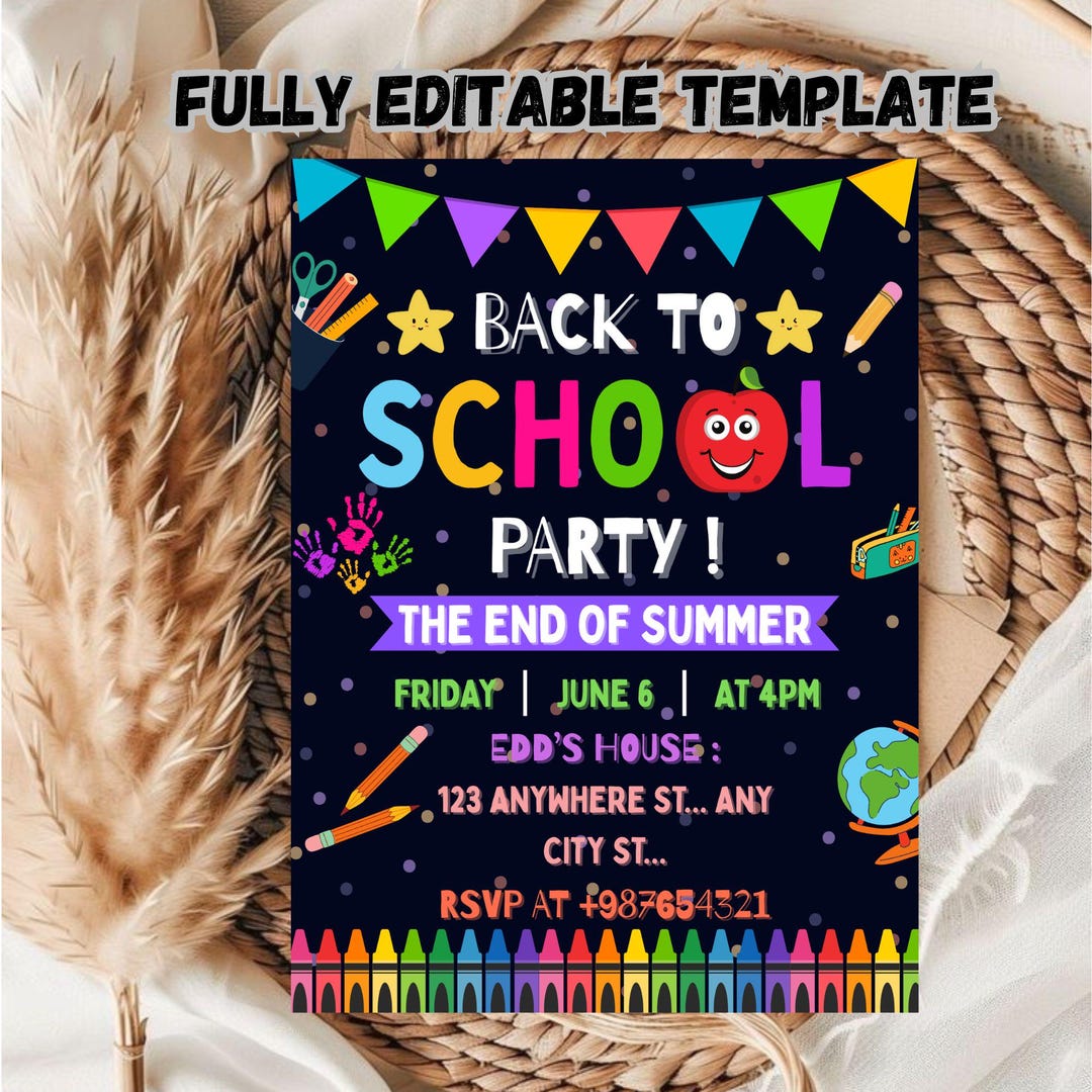 Editable Back to School Party Invitation Template (canva Template, 5x7 ...
