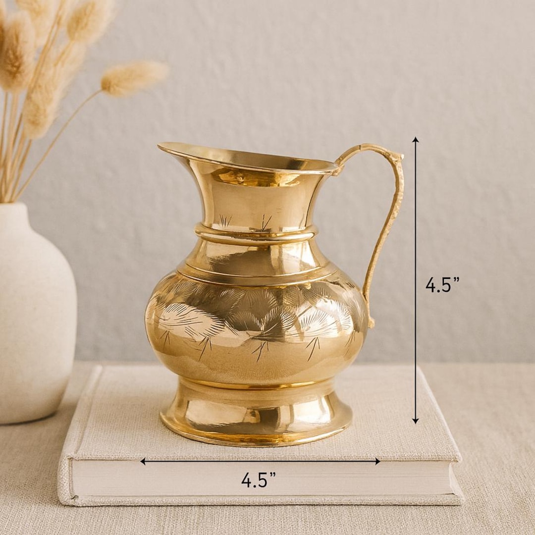 Rare Vintage Brass Engraved Ewer Pitcher • Etched Floral Indian Water ...