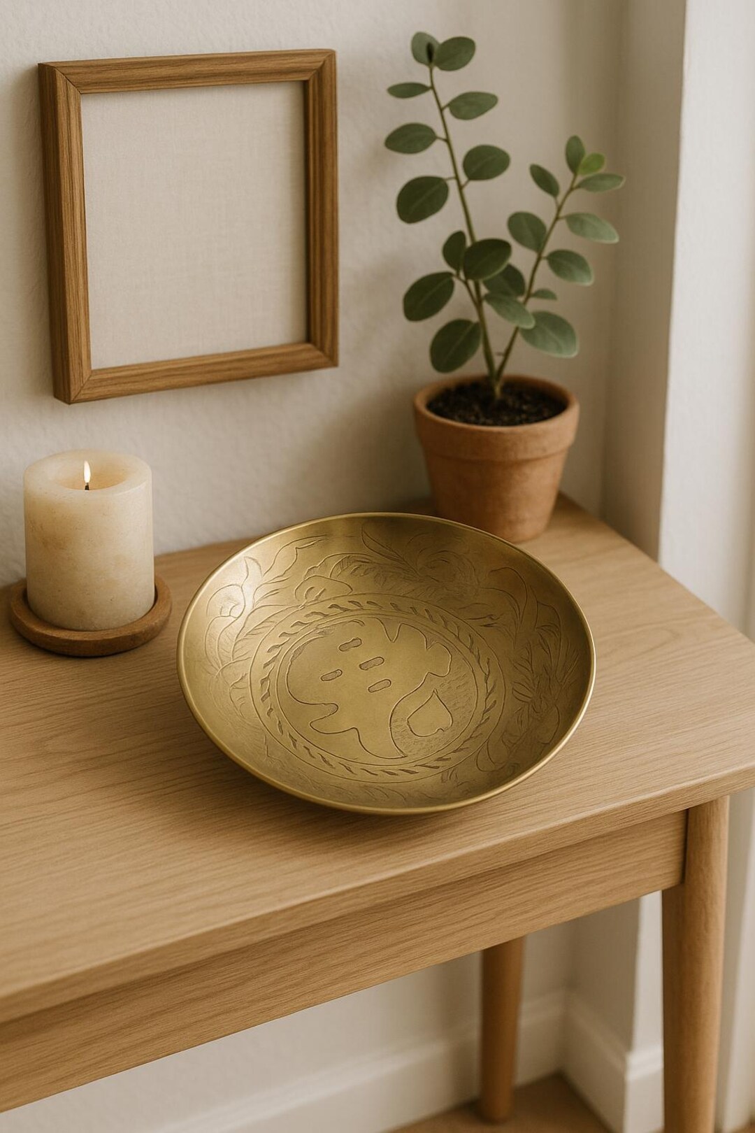Vintage Etched Brass Longevity Symbol Bowl | 8” Chinese Feng Shui ...
