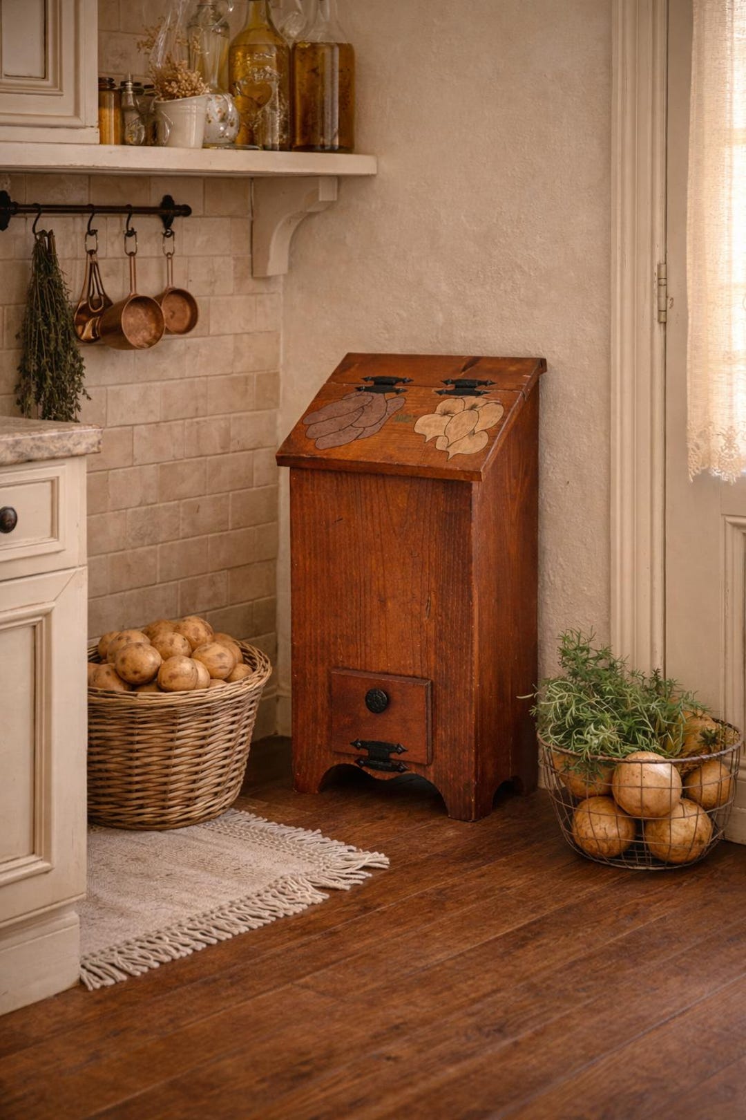 Vintage Wooden Potato & Onion Storage Bin | Farmhouse Pantry Root ...