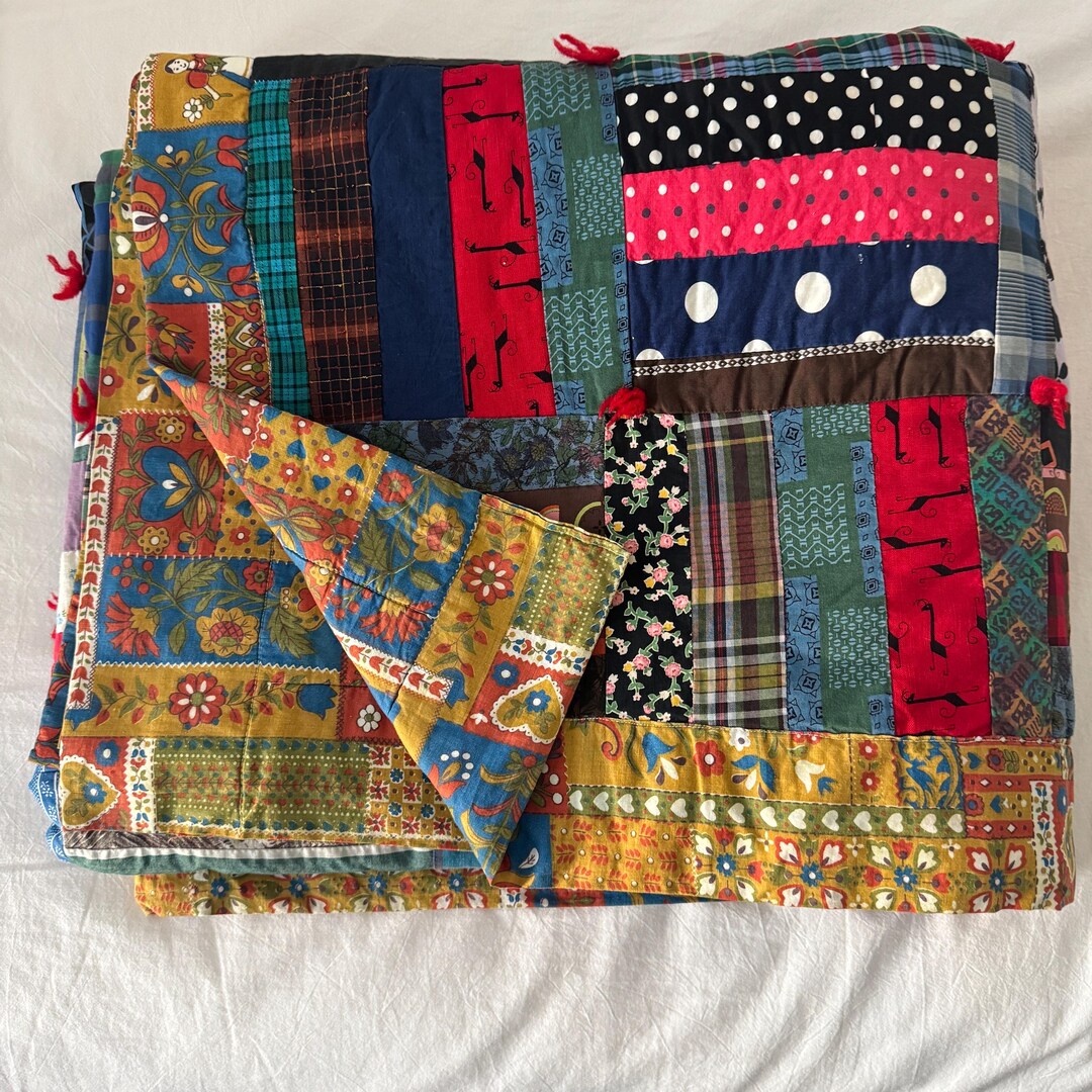 Vintage Handmade Patchwork Quilt Throw 63x77 | 1970s Folk Boho ...