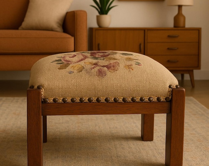 Vintage Floral Needlepoint Footstool, Handcrafted Wooden Base, Arts ...