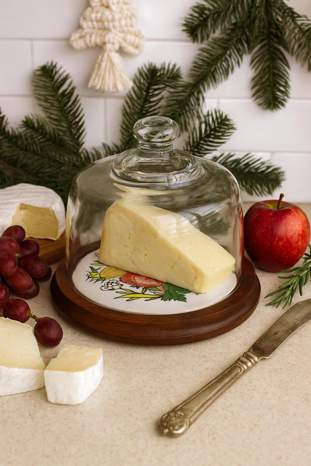 Vintage Glass Cheese Dome - Mid-century Walnut Base, Fruit Tile - Etsy