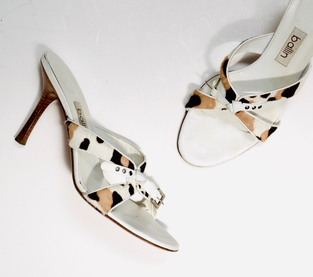 90s Vintage White Leather Pony Hair High Heel Sandals Shoes 39 1/2 9 1/ ...
