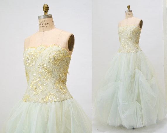 2000s y2k Vintage Strapless Ball Gown Dress Champagne… - Gem