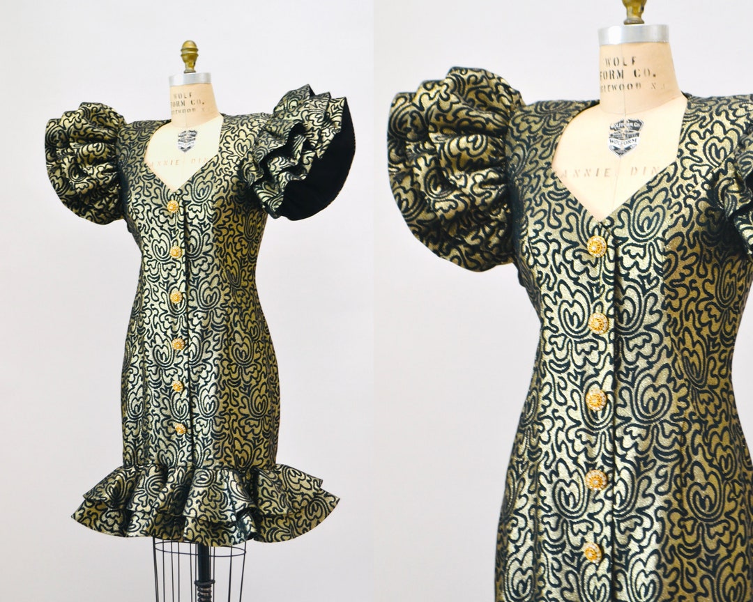 80s 90s Vintage Gold Black Ruffle Party Dress by Lillie Rubin// 80s ...