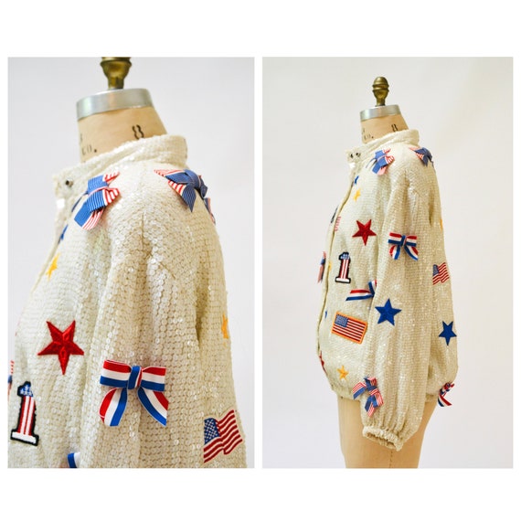 Vintage USA White Sequin Jacket American Flag Patch J… - Gem