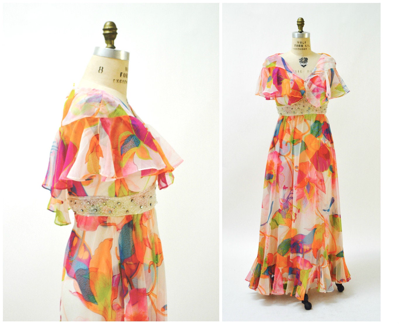 70s Vintage Floral Print Dress Beaded Rhinestone Ruffle Dress | Etsy