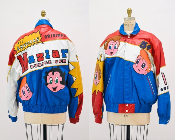 80s 90s Vintage Bubble Gum Leather Jacket Comic Black… - Gem