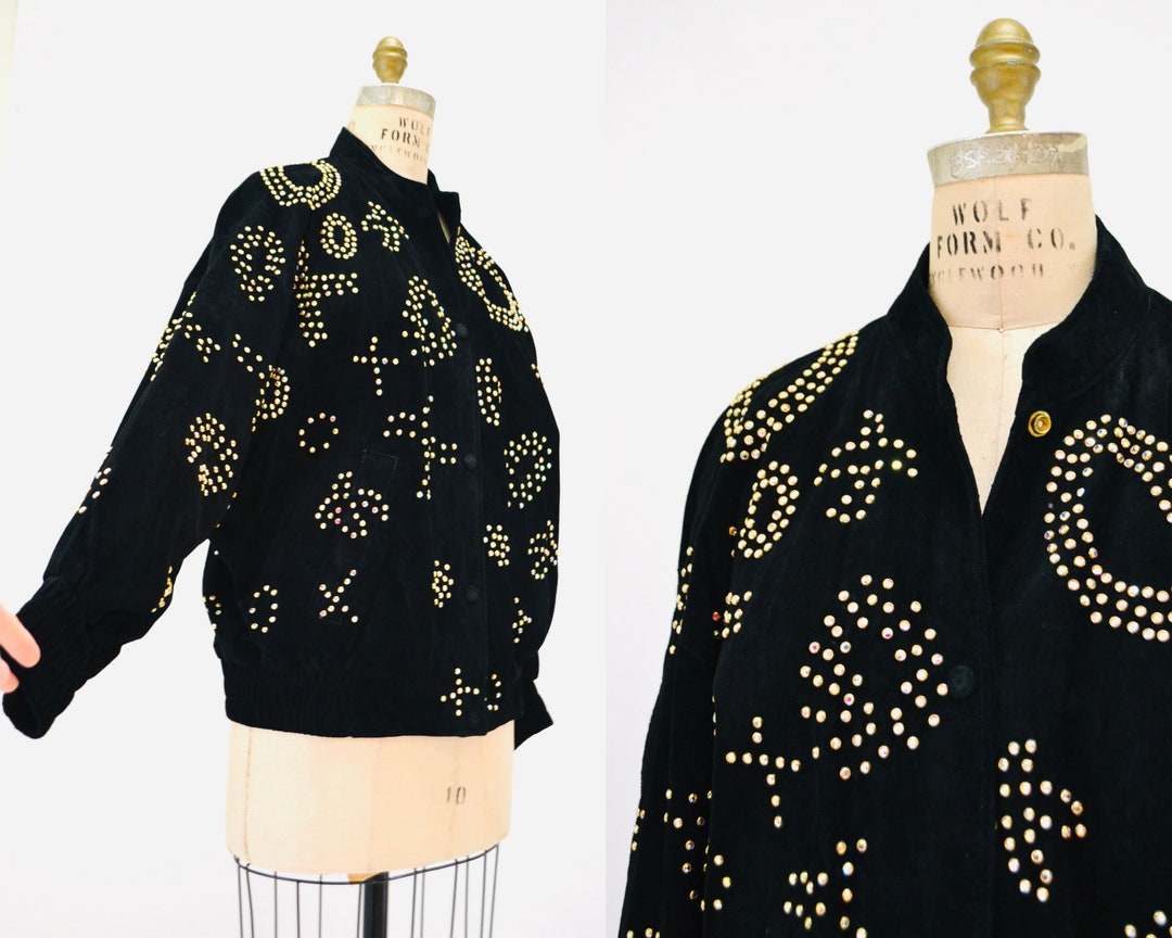 90s Vintage Black Leather Jacket Gold Studded Rhinestone Jacket by ...