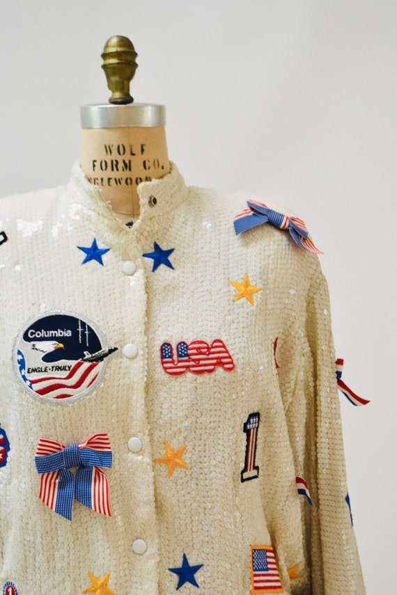 Vintage USA White Sequin Jacket American Flag Patch J… - Gem