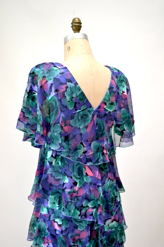 80s Vintage Ruffle Floral Print Dress Chiffon Blue Pu… - Gem