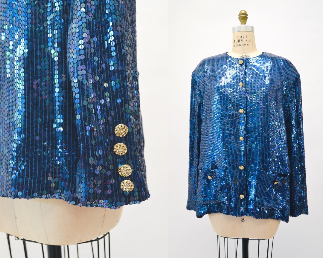 80s 90s Glam Vintage Blue Iridescent Sequin Jacket Large Blue Metallic ...