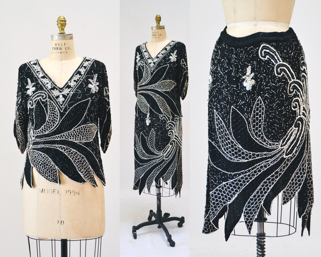 70s 80s Vintage Black Sequin Party Dress Sequin Top Skirt 70s Disco ...