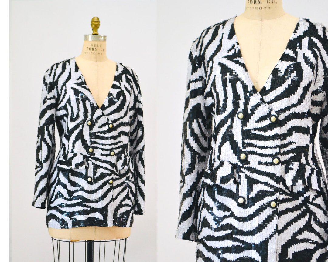 80s 90s Vintage Zebra Stripe Sequin Jacket Black White Sequin Blazer by ...