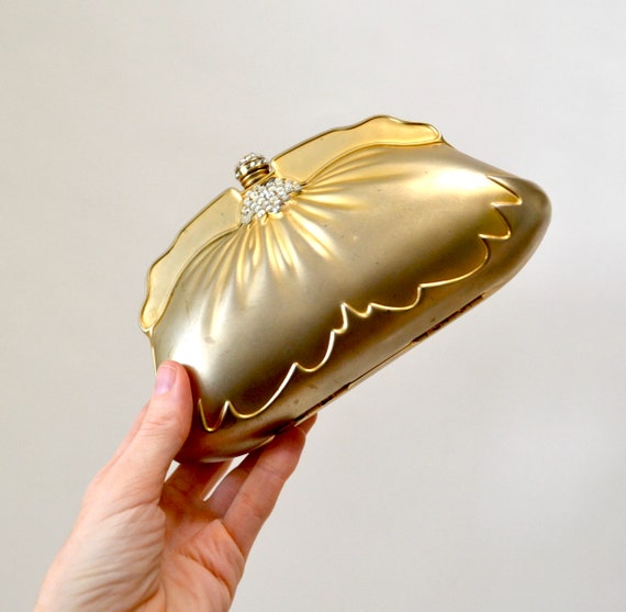 90s Vintage Metallic Gold Metal Clutch Evening Bag Ha… - Gem