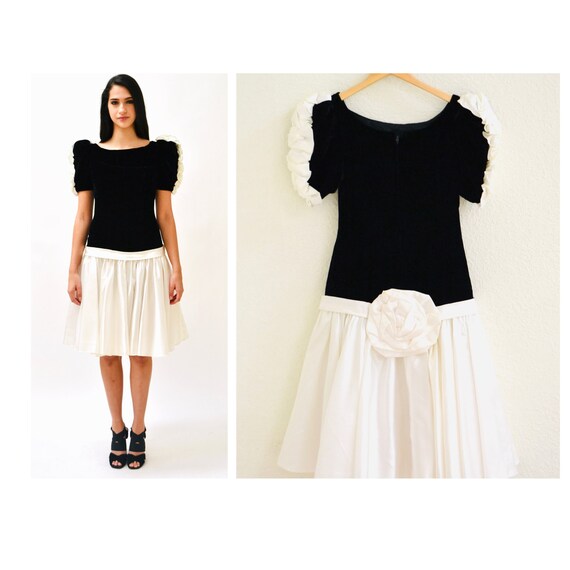 Vintage 80s Party Dress Black White Velvet Dress Xxs … Gem