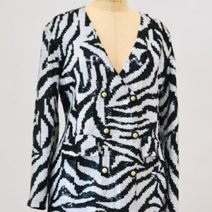 80s 90s Vintage Zebra Stripe Sequin Jacket Black White Sequin Blazer by ...