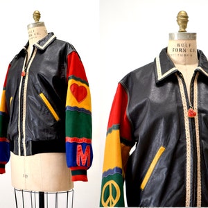 Vintage Moschino Leather Jacket Black Love Peace Heart Red and Black ...