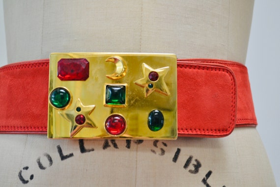 80s 90s Vintage ESCADA Red Gold Gemstone Belt Metalli… - Gem