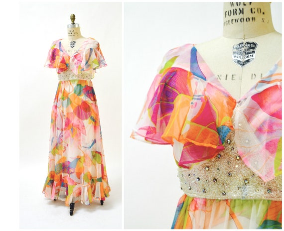 70s Vintage Floral Print Dress Beaded Rhinestone Ruffle Dress | Etsy