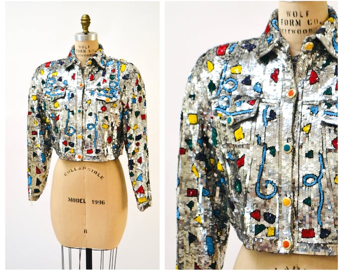 Vintage Sequin Jacket Silver Metallic Rainbow Sequin Jacket Medium ...